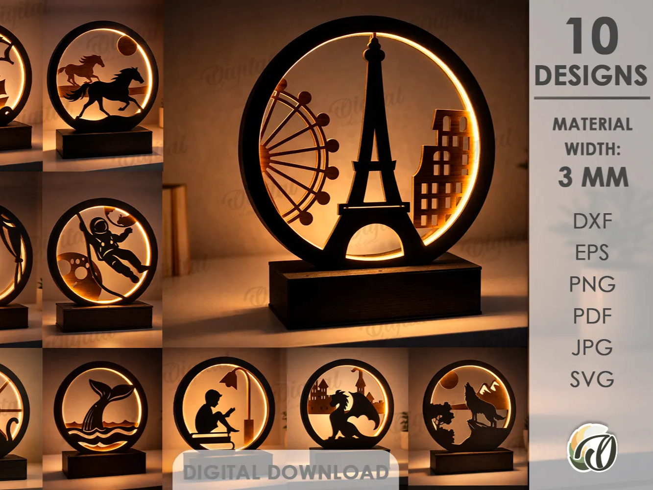 3D Led night lamps bundle. Lightbox laser cut files. Wooden led light ...