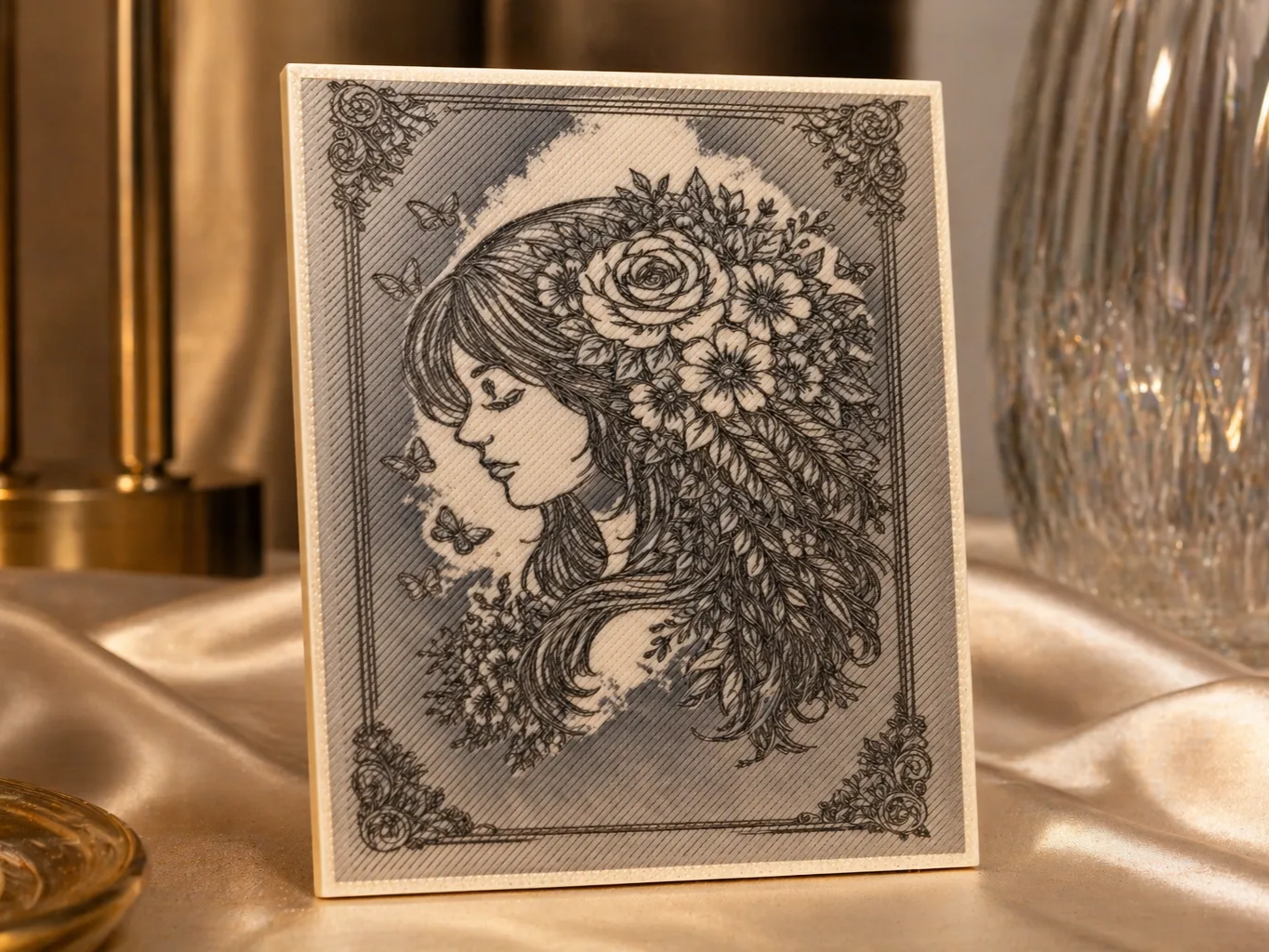 Framed Portrait of a Woman with Floral Hair and Butterflies - PETG ...