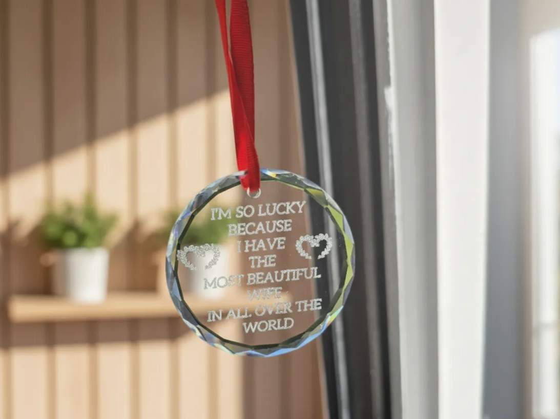 Laser Engraved Crystal Suncatcher Ornament with Red Ribbon and Quote ...