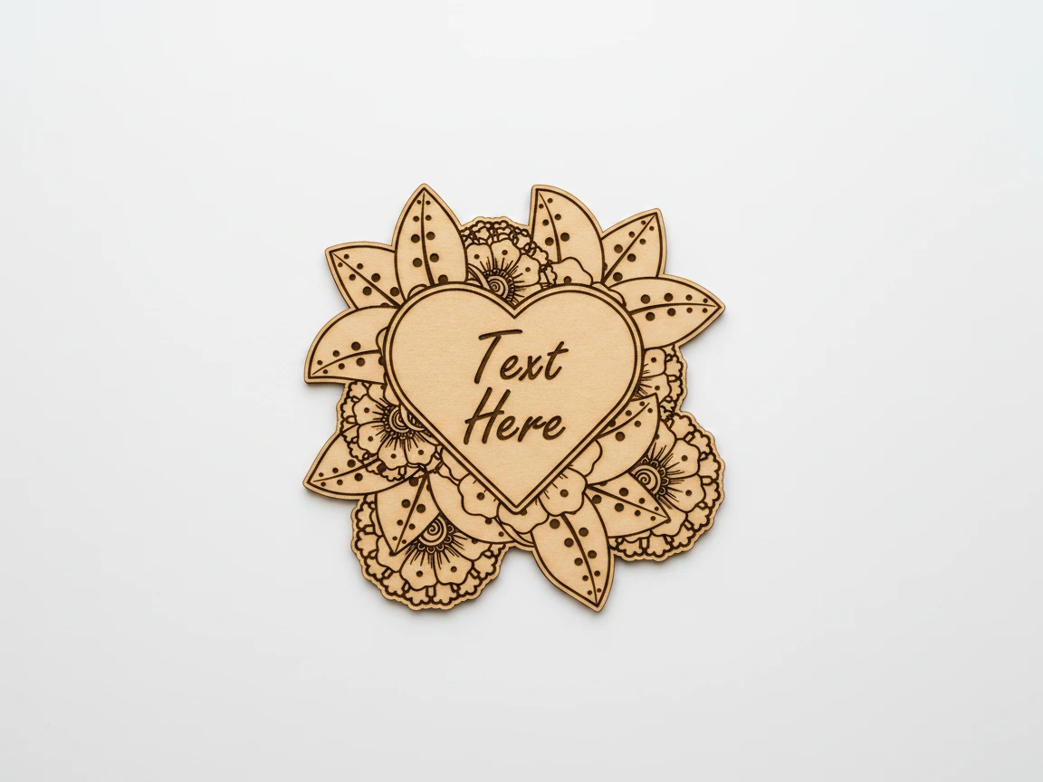 Laser engraved wooden heart brooch model 2 with floral mandala design ...