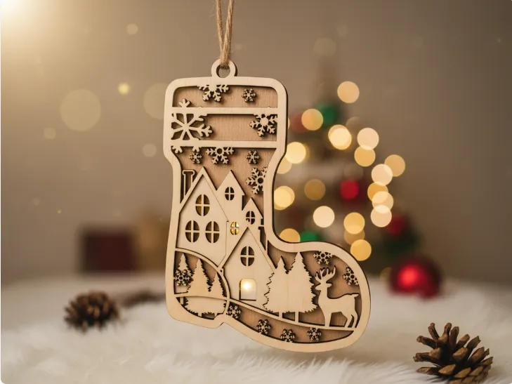 Laser Cut Wooden Christmas Stocking Ornament with Village Scene | Ready ...