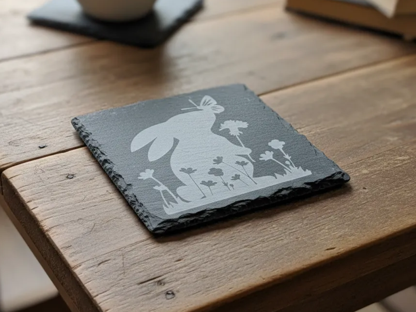 Laser Engraved Slate Coaster with Bunny and Butterfly Design | Free ...