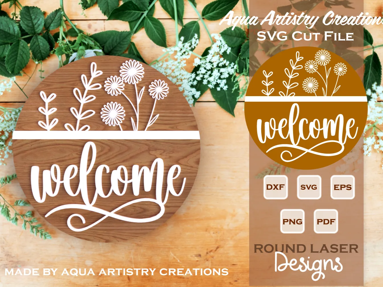 Laser cut and engrave | Round Laser Cut Welcome Sign with Floral Design ...