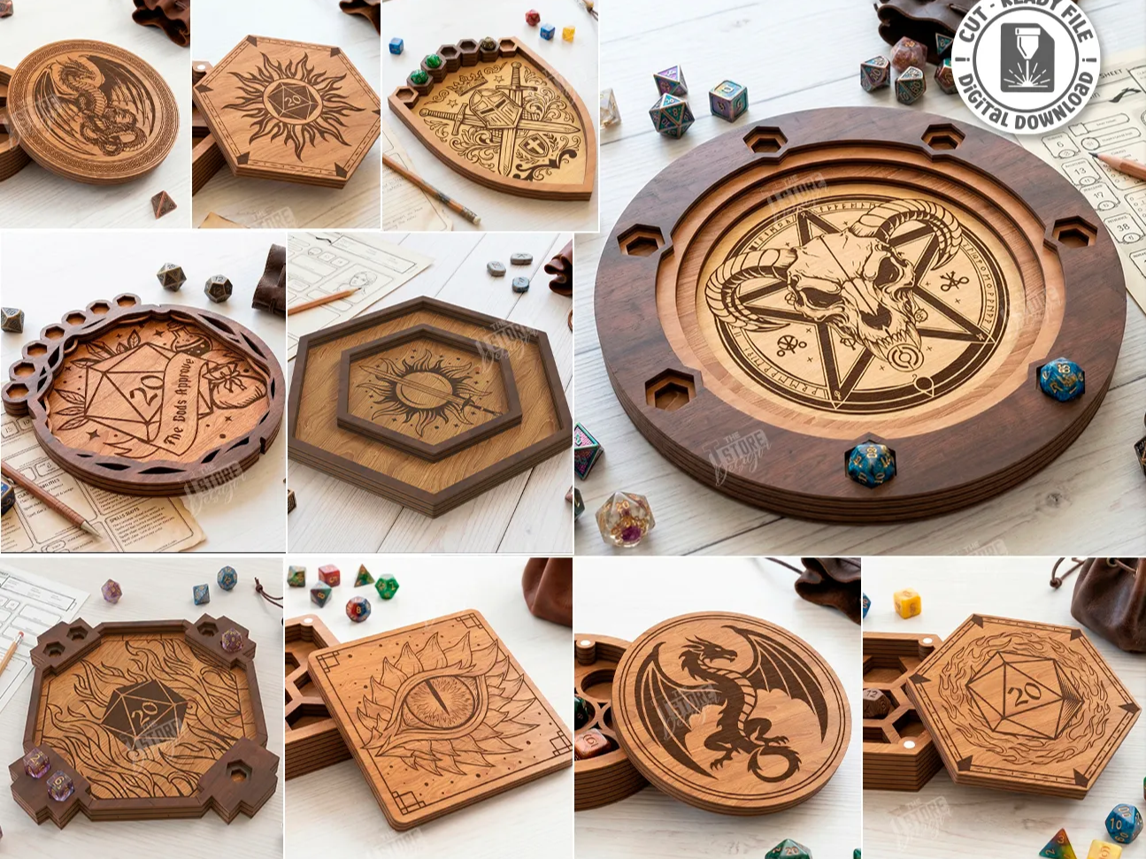 Wooden Dice Rolling Tray with Fantasy Gaming Engravings Laser Cut ...