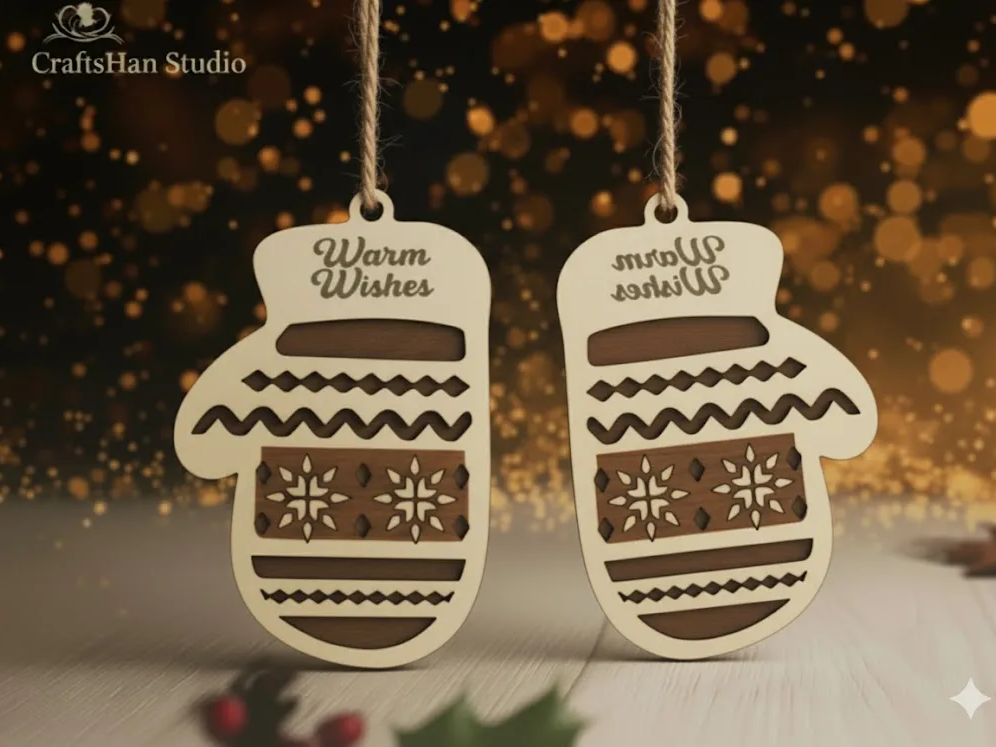 Laser Cut Wooden Mitten Ornaments with Warm Wishes Engraving | Ready to ...