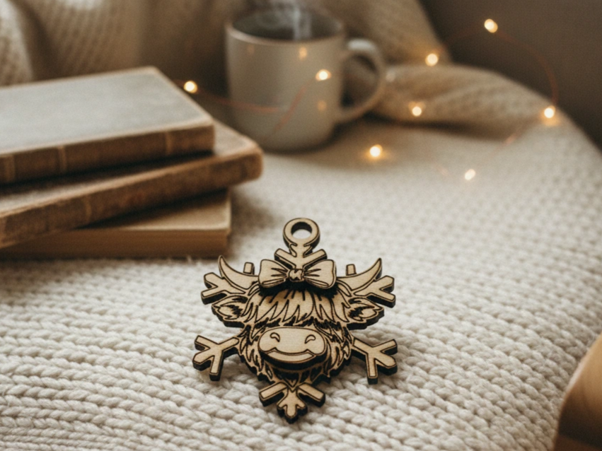 Laser Cut Wooden Highland Cow Snowflake Ornament with Bow | Ready to ...