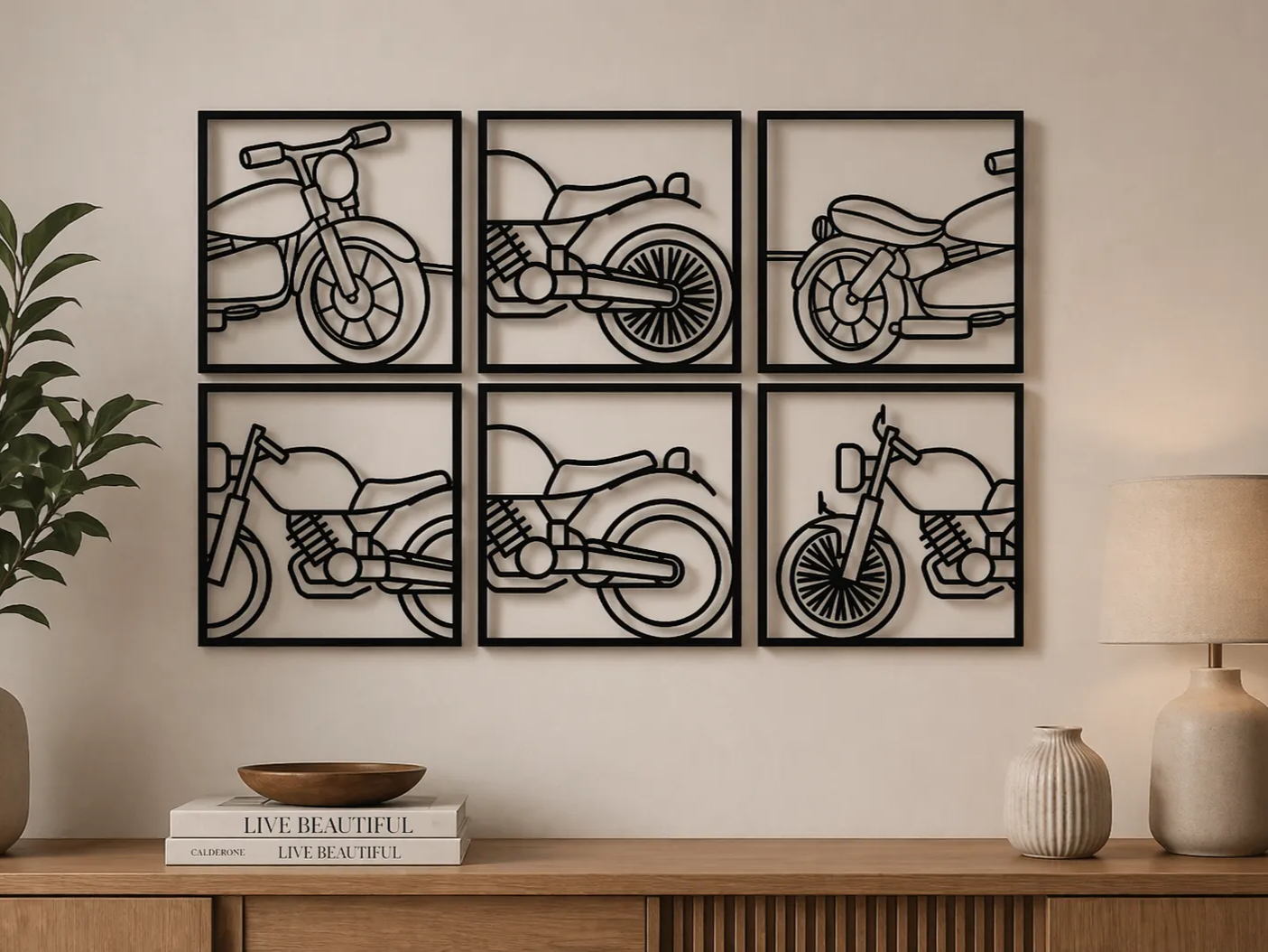 Motorcycle Wall Art SVG – 6 Panel Bike Line Art Set, Modern Garage ...