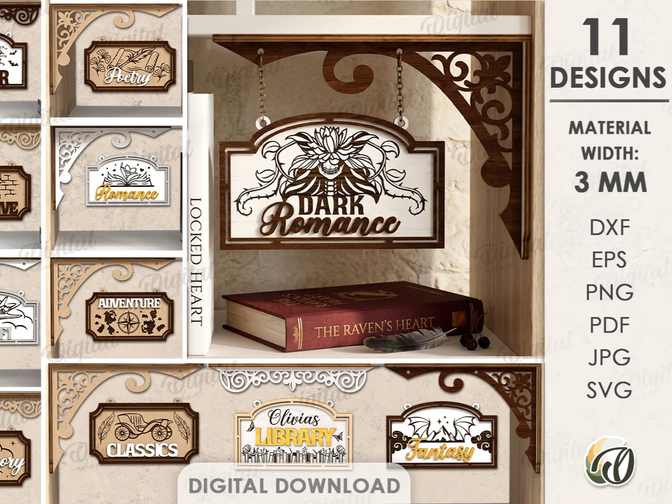 3D Hanging bookshelf signs bundle. Book genre sign laser cut files ...