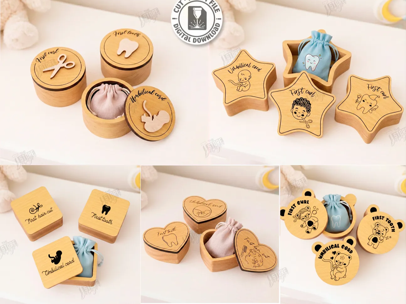 Wooden Baby Keepsake Boxes for First Curl Tooth Umbilical Cord Laser ...