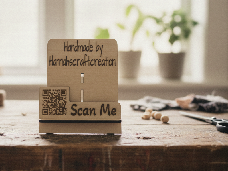 Laser Cut Wooden Business Card Stand with QR Code and Scan Me Text ...