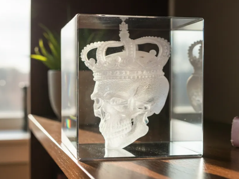 Laser Engraved Glass Cube with Crowned Skull 3D Design | Free Files - Atomm