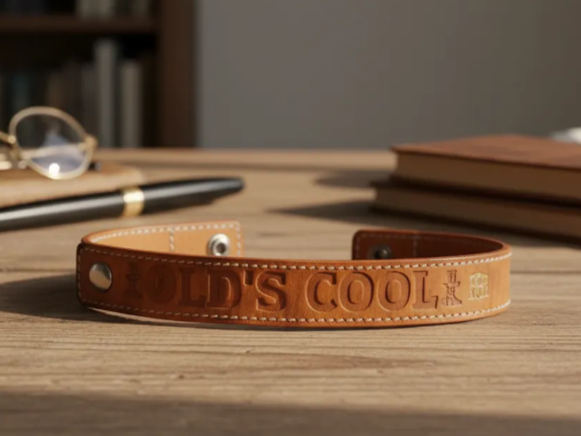 Leather Engraved Bracelet with 'OLD'S COOL' Text and Decorative Icons ...