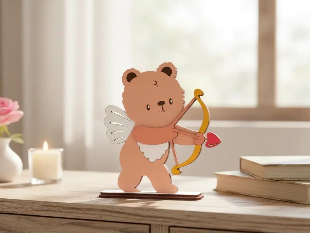 Laser cut and engrave | Wooden Bear Cupid Figurine with Bow and Arrow ...