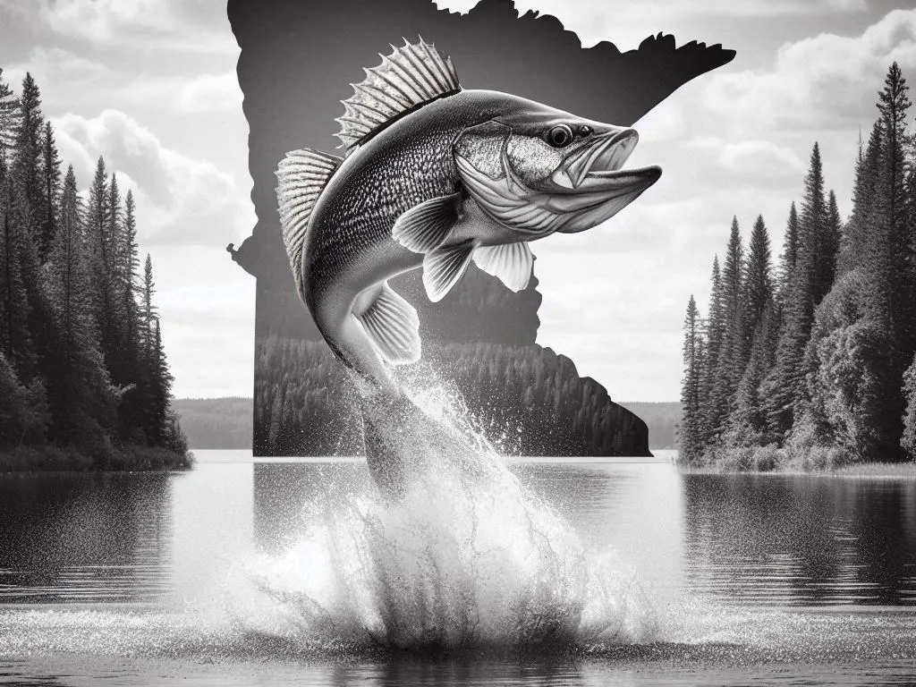 Walleye jumping out of a lake surrounded by trees with the state of MN ...