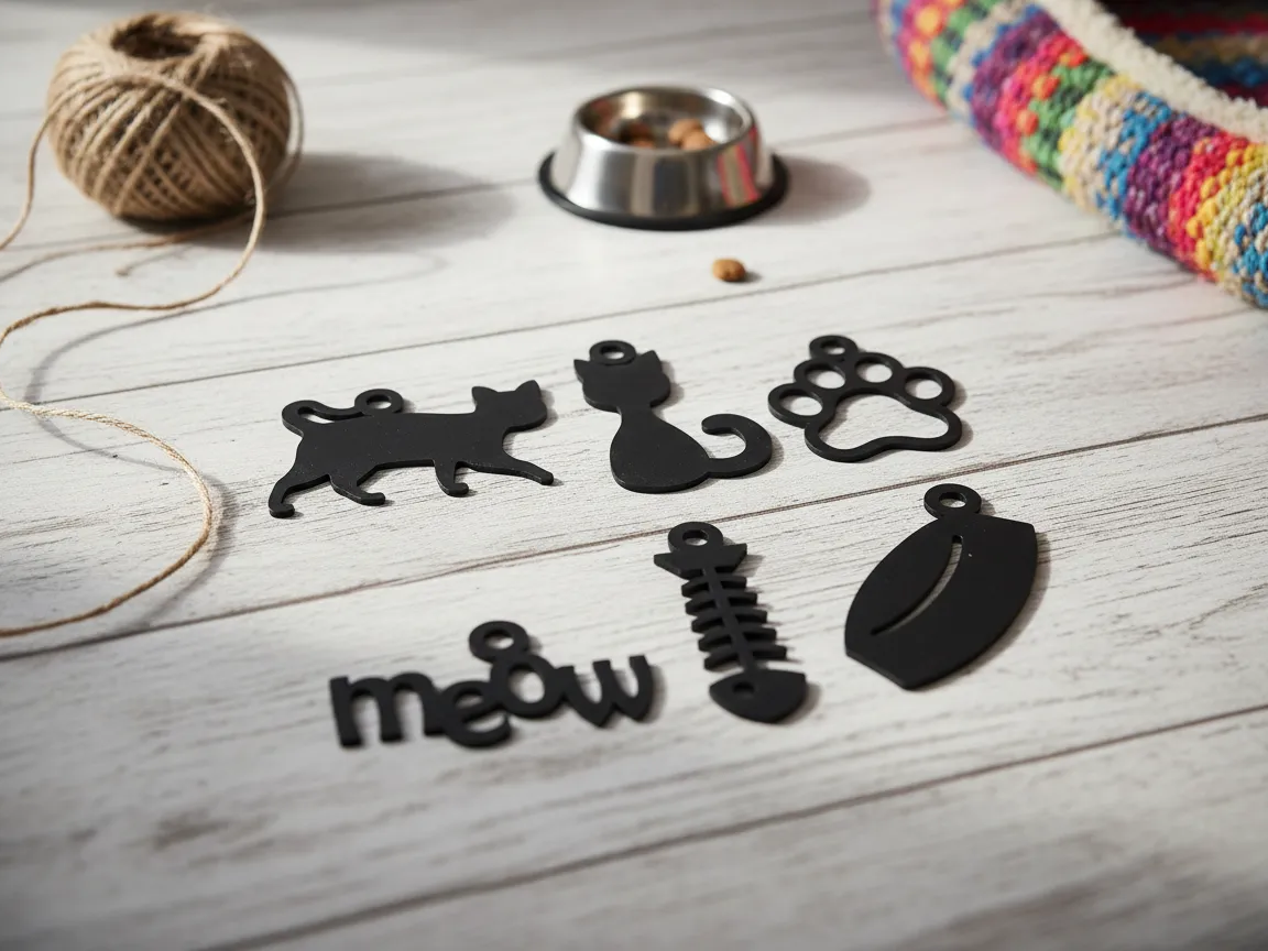 Laser Cut Black Cat and Meow Pet Tags with Fishbone and Paw Designs ...
