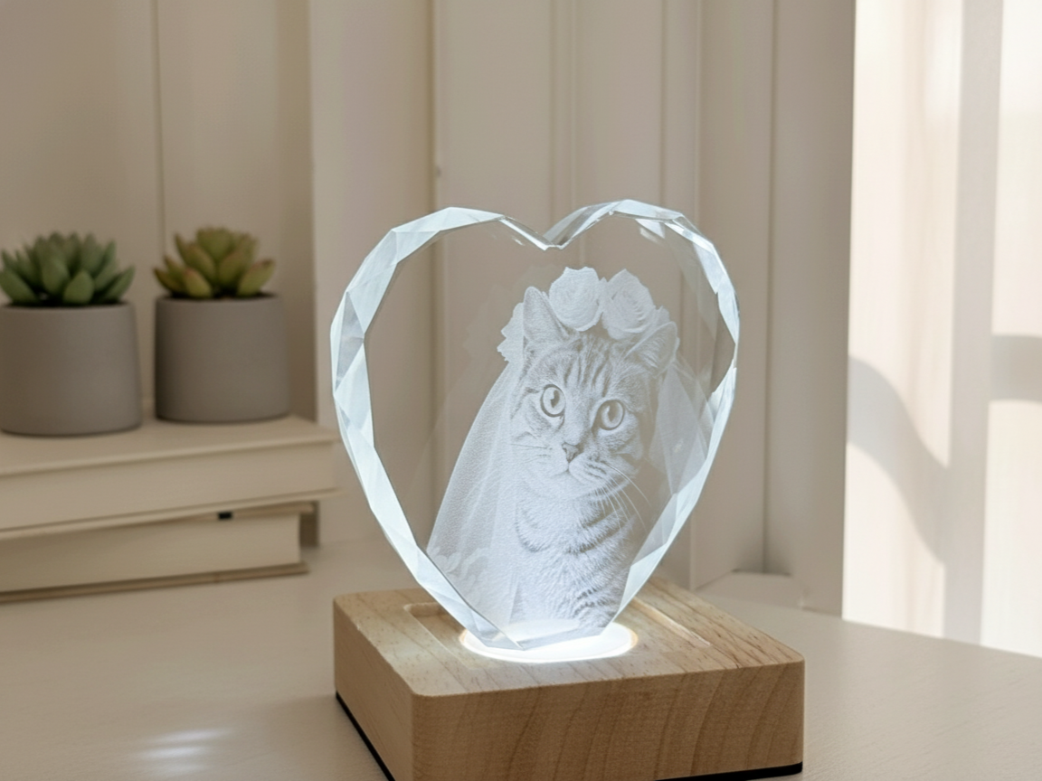 Laser Engraved Heart Crystal Cat Portrait | Free Files - Atomm