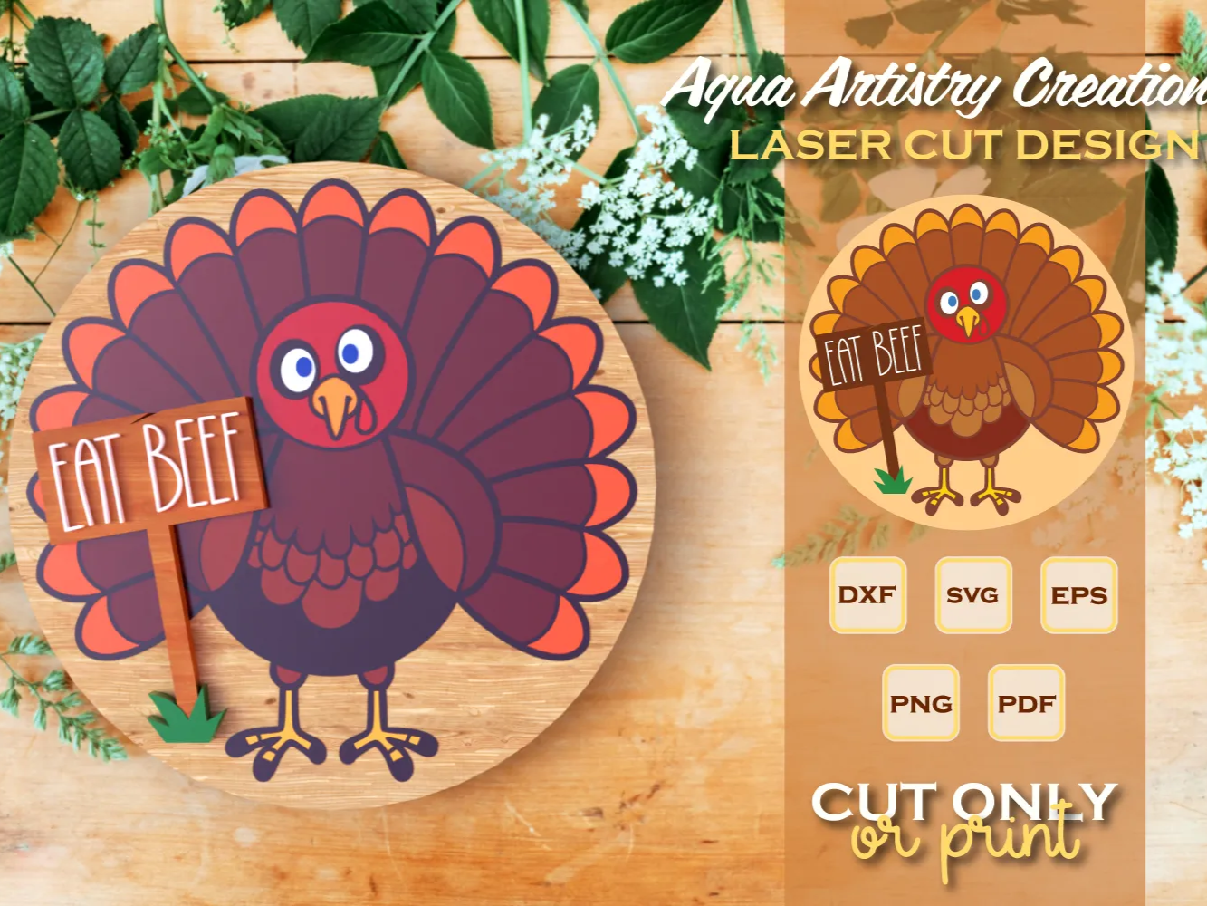 Laser Cut Turkey Wall Art With Eat Beef Sign | Ready to Use Files - Atomm