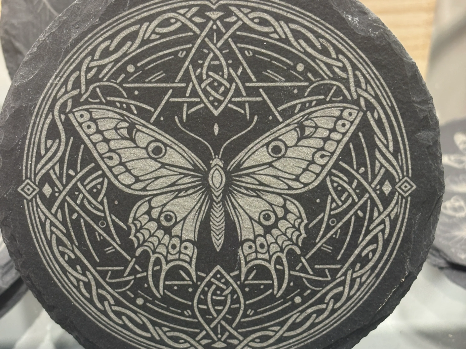 Intricate butterfly design on circular slate coaster | Free Files - Atomm