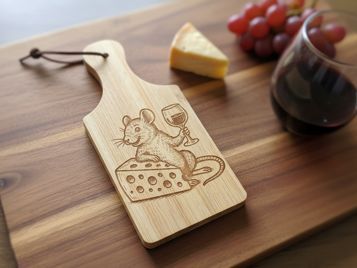 Laser Engraved Bamboo Cheese Board with Mouse and Wine Glass Design ...