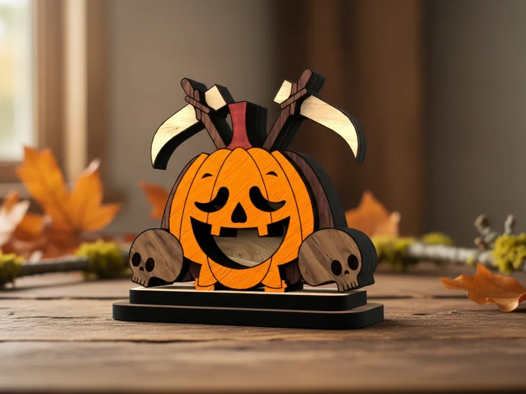 Halloween Pumpkin Figurine – Wooden Jack-o’-Lantern Decor | Ready to ...