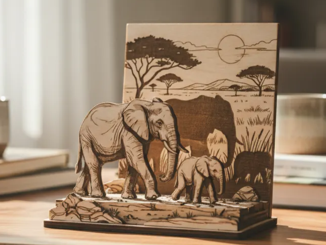 illusion 3D de gravure sur bois d'un elephant dans la savane avec son ...