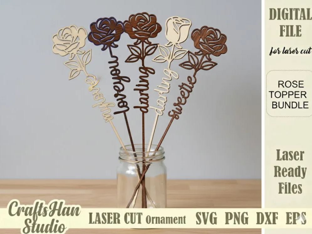 Laser Cut Wooden Rose Topper Bundle with Romantic Words | Ready to Use ...