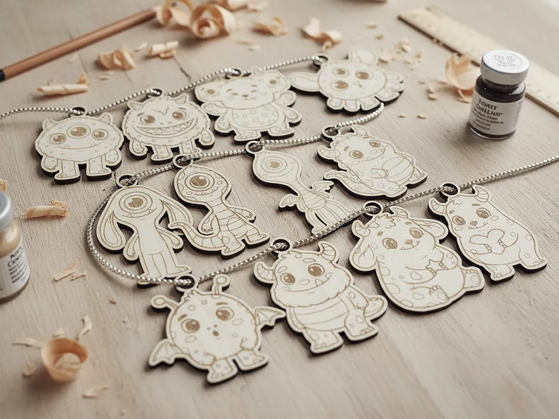 Laser Cut Cute Monster Keychains with Chain Links on Wood / Garland ...