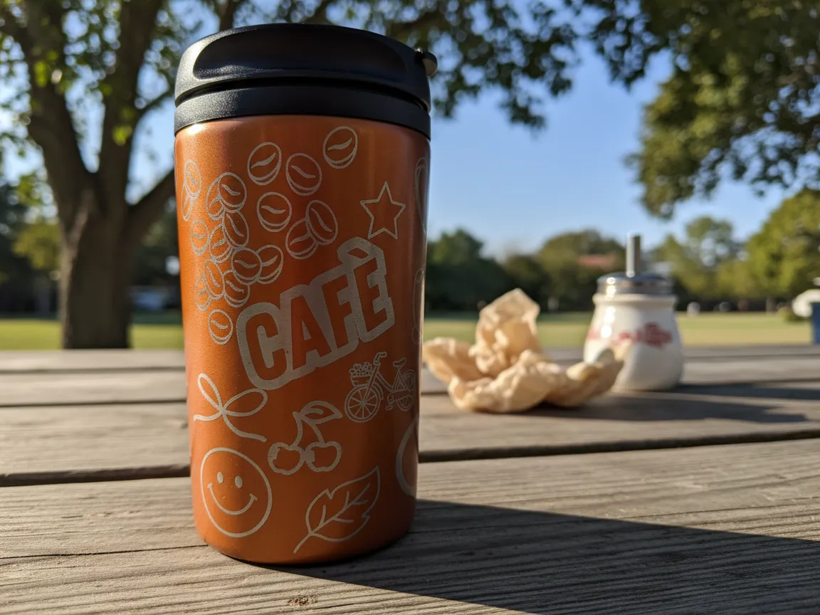 Orange insulated travel mug with cafe and doodle graphics | Free Files ...