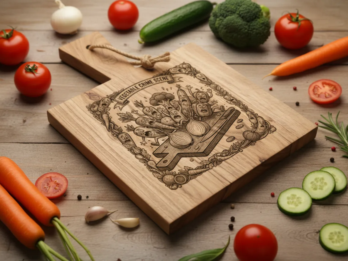 Laser Engraved Wooden Cutting Board Vegetable Crime Scene Design | Free ...