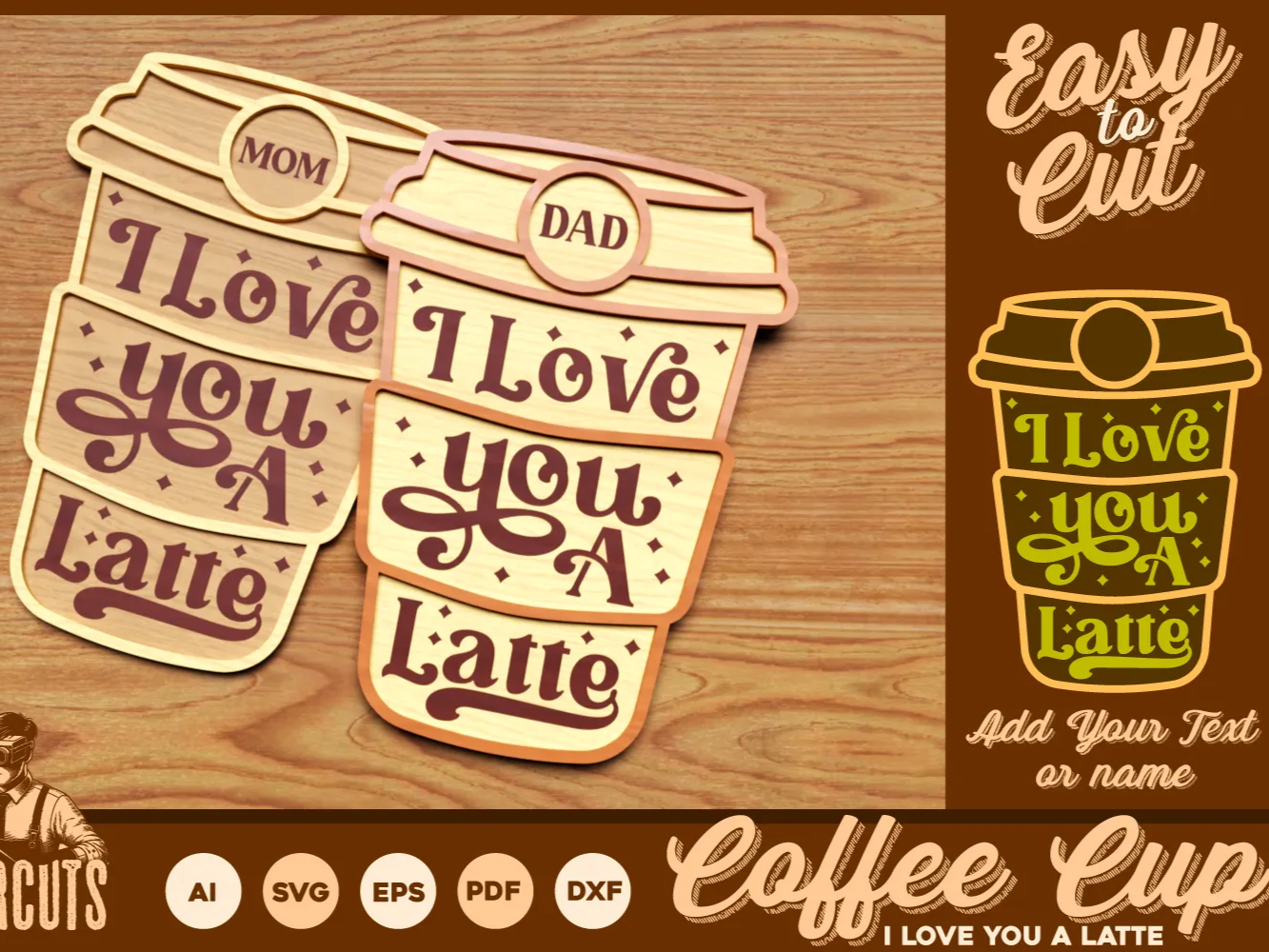 Laser Cut Wooden Coffee Cup Signs I Love You A Latte | Ready to Use ...