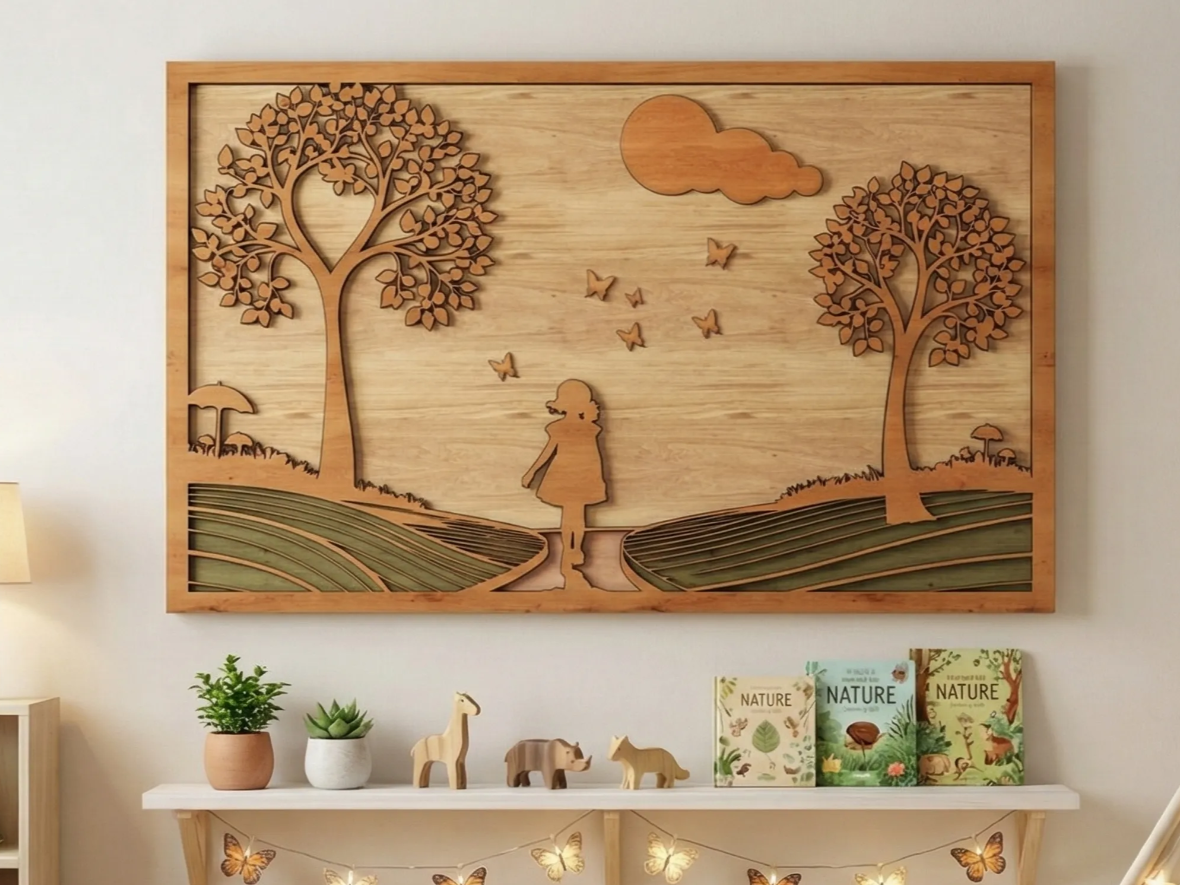 5 Layers Wood Wall Art of a Girl Walking Through a Forest Landscape ...