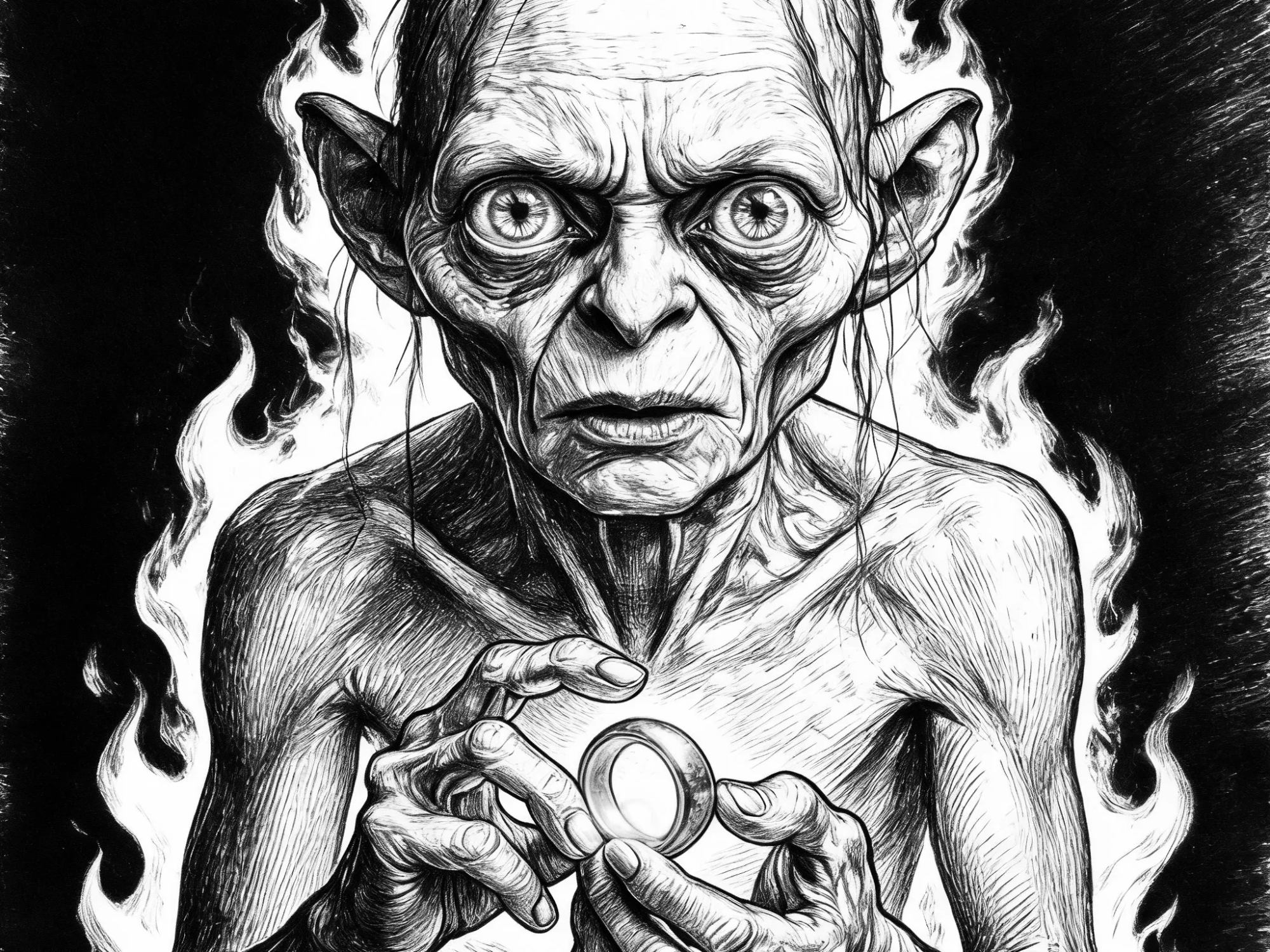 Dessin au trait de Gollum tenant l'anneau unique | Free Files - Atomm
