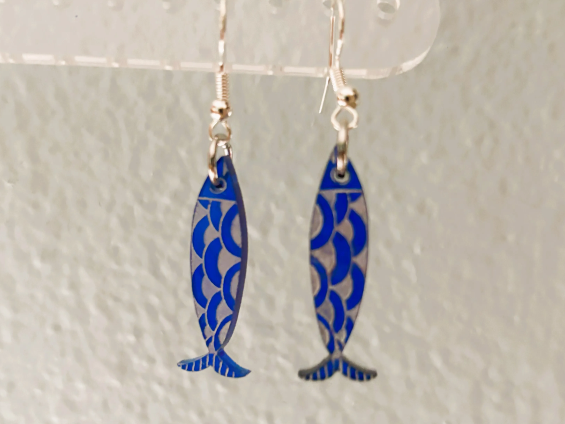 Laser cut and engrave | Unique fish-shaped earrings with blue scale ...