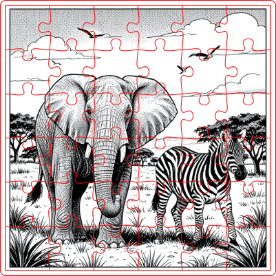 Puzzle en bois représentant un éléphant et un zèbre dans la savane ...