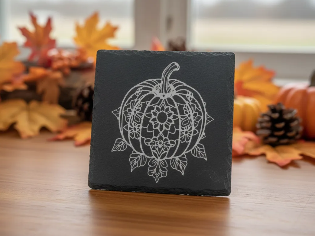 Laser Engraved Slate Coaster with Decorative Pumpkin Design | Free ...