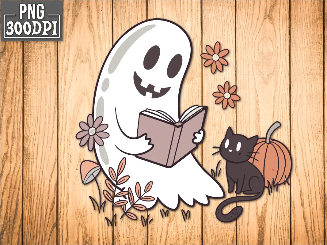 Laser cut and engrave | Cute Ghost Reading Book With Cat and Pumpkin ...