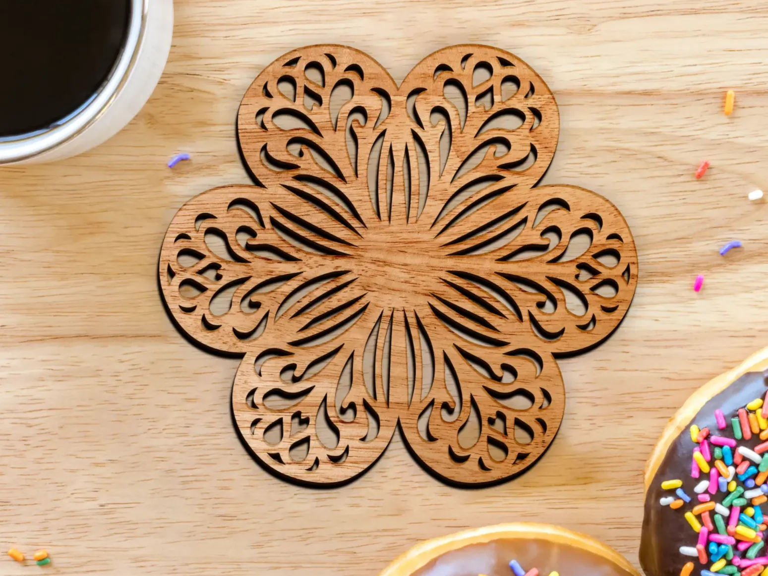 Laser Cut Wooden Floral Coaster for Drink Protection. Coffee Coaster ...