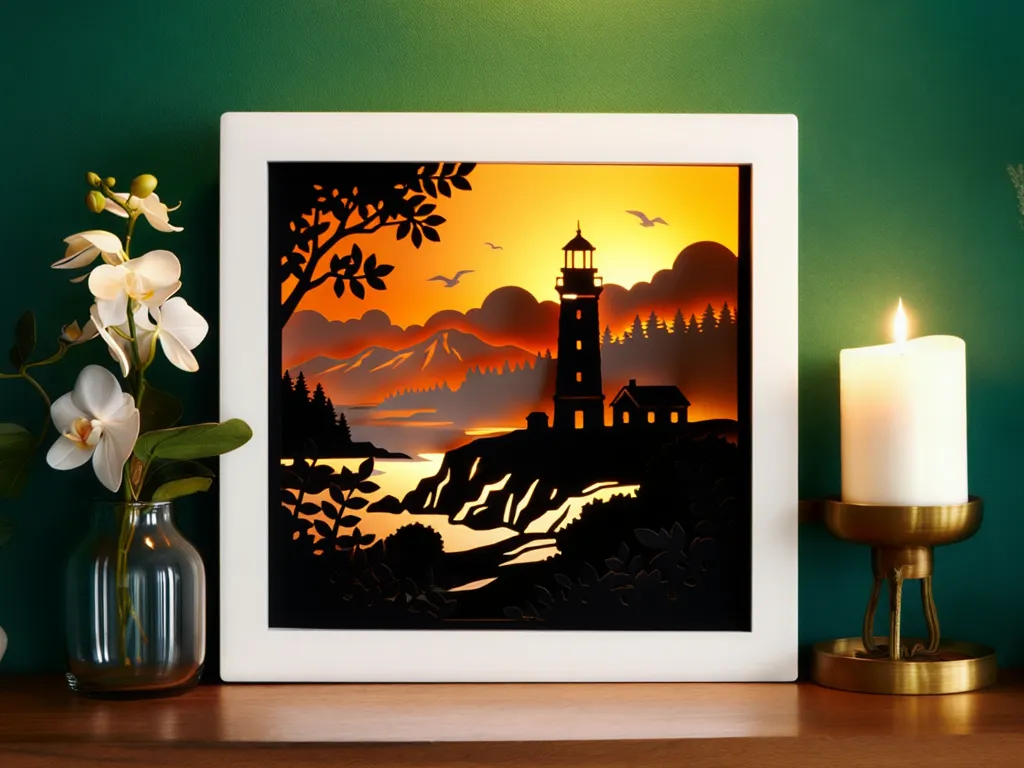 Lighthouse Sunset Shadow Box Laser Cut File, Lightbox Template, Coastal ...