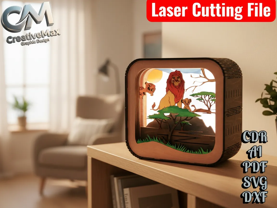 Laser cut and engrave | Laser Cut Wooden Lion Scene Shadow Box Light ...