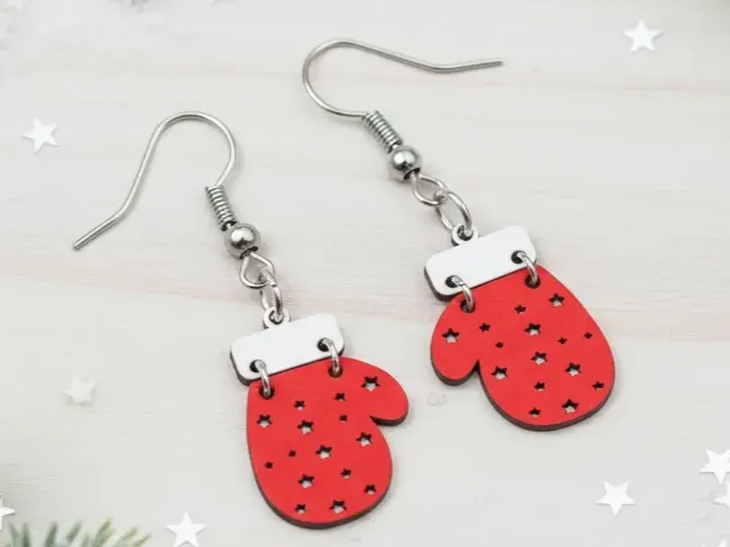 Laser Cut Red Christmas Mitten Earrings with Star Cutouts. | Ready to ...