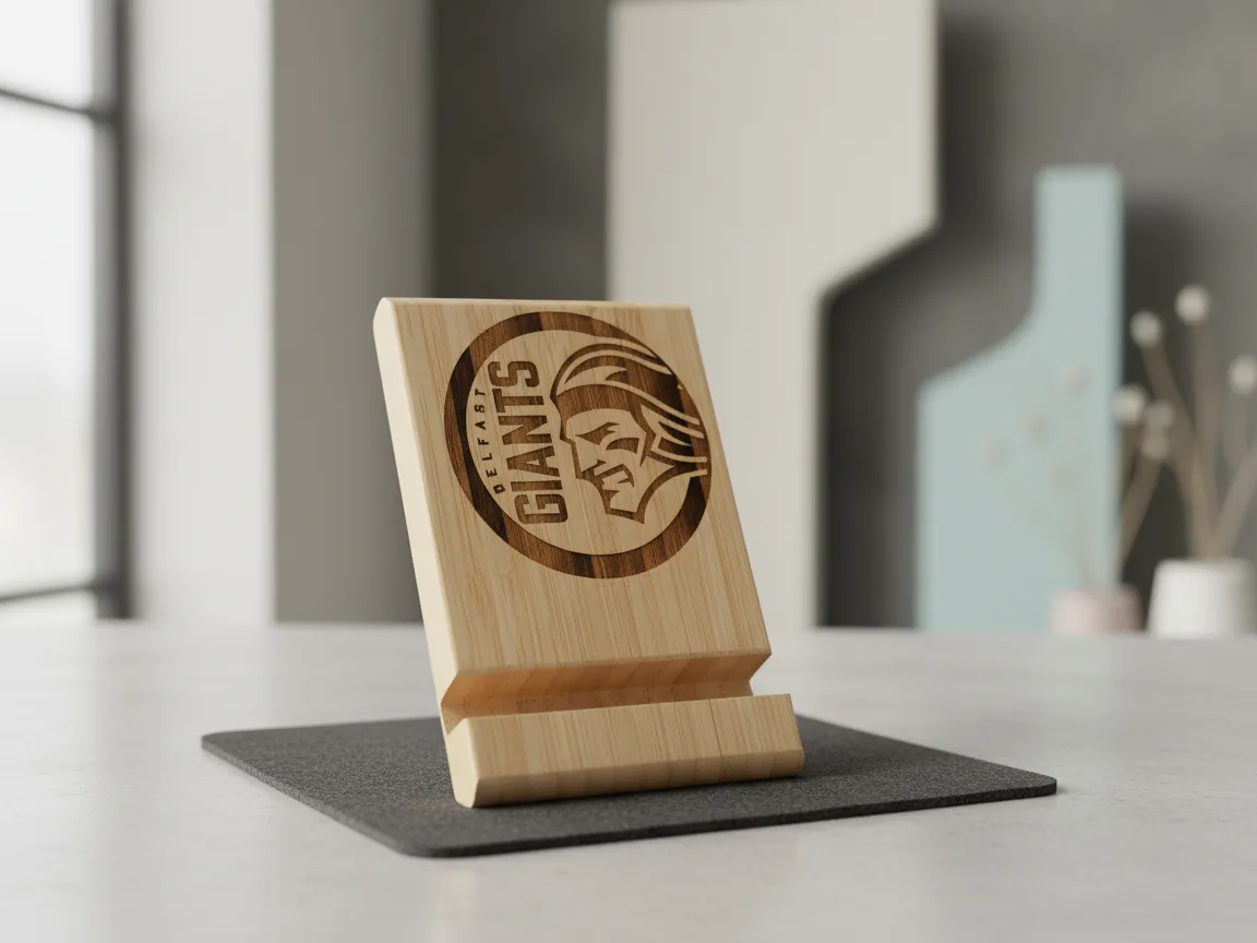 Laser Engraved Bamboo Phone Stand with Belfast Giants Logo settings ...