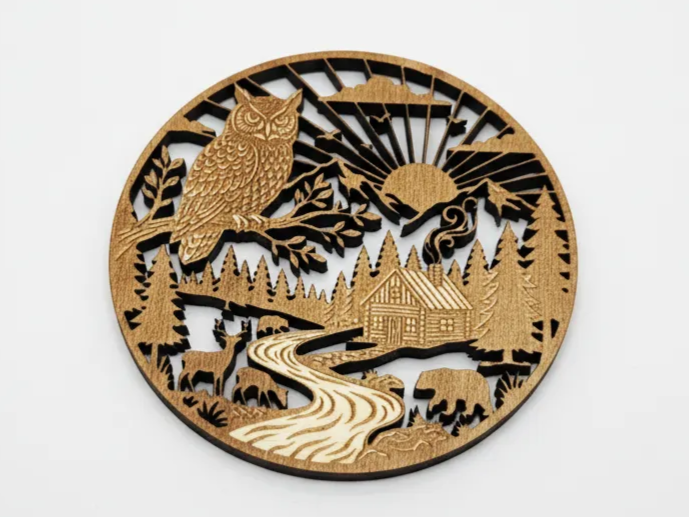 Laser Cut Wooden Wall Art Nature Scene with Owl and Cabin | Free Files ...