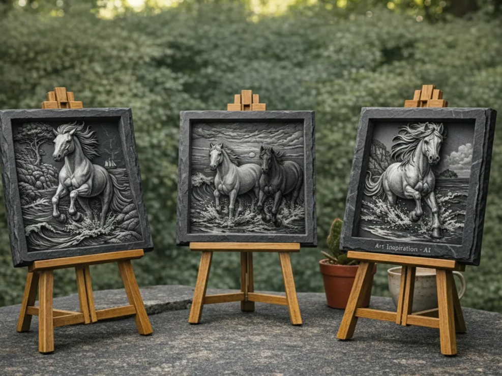 gravure sur carrelage avec effet 3D relief représentant des chevaux ...