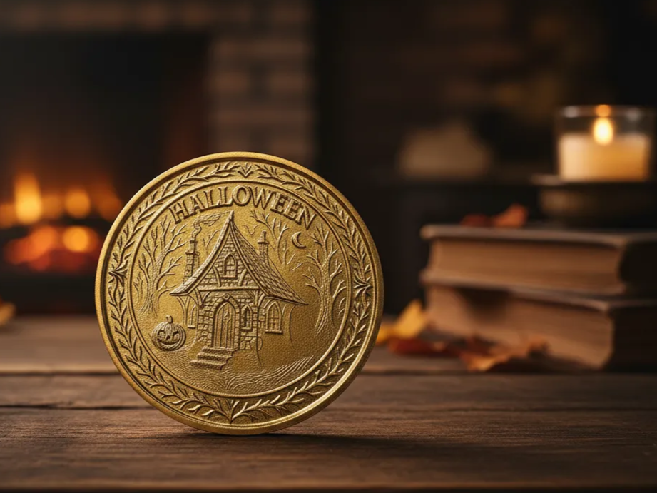 Laser cut and engrave | Halloween Emboss Brass Coin with Haunted House ...