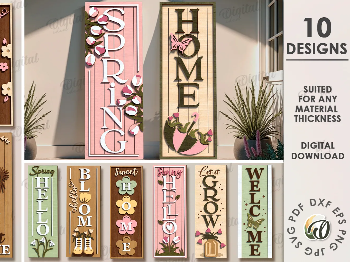 3D Spring vertical door signs bundle.Vertical spring porch sign laser ...