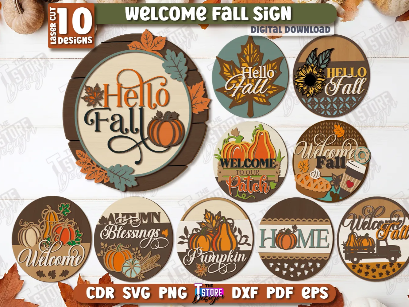 Welcome Fall Signs Laser Cut Bundle, Fall Round Door Hanger SVG, Front ...