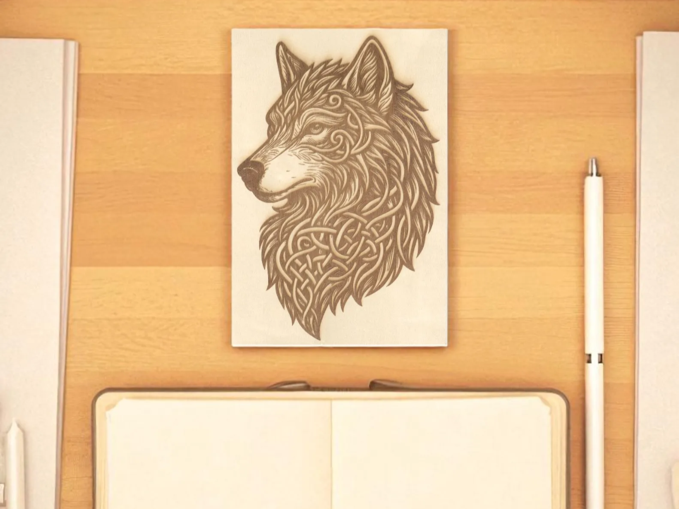 Celtic Wolf Wooden Wall Art – Laser Engraved Wolf Head with Tribal Knot ...