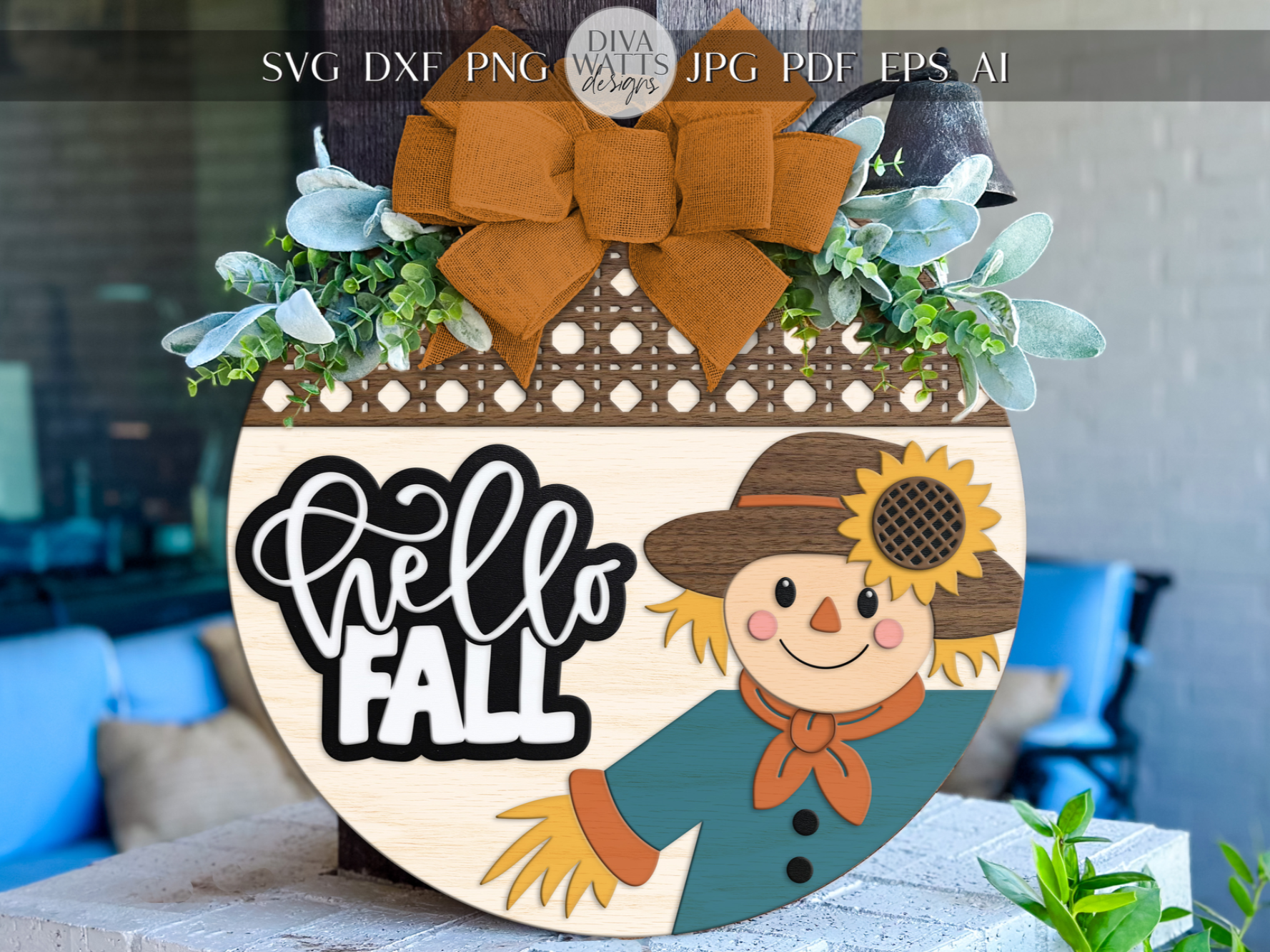Laser cut and engrave | Hello Fall Scarecrow Door Hanger SVG | Layered ...