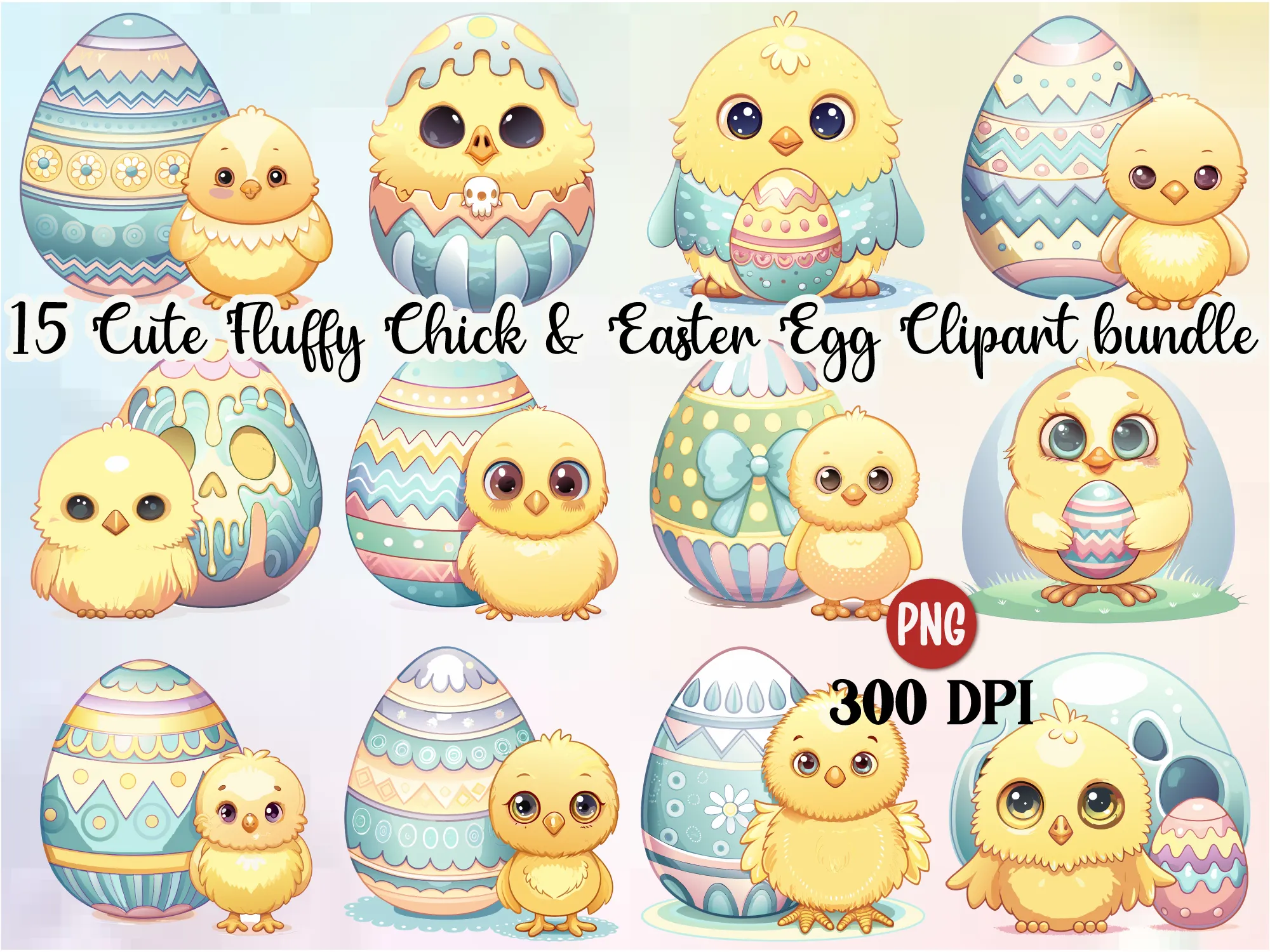 15 Cute Fluffy Chick and Easter Egg Clipart Bundle PNG - Ready to Use ...