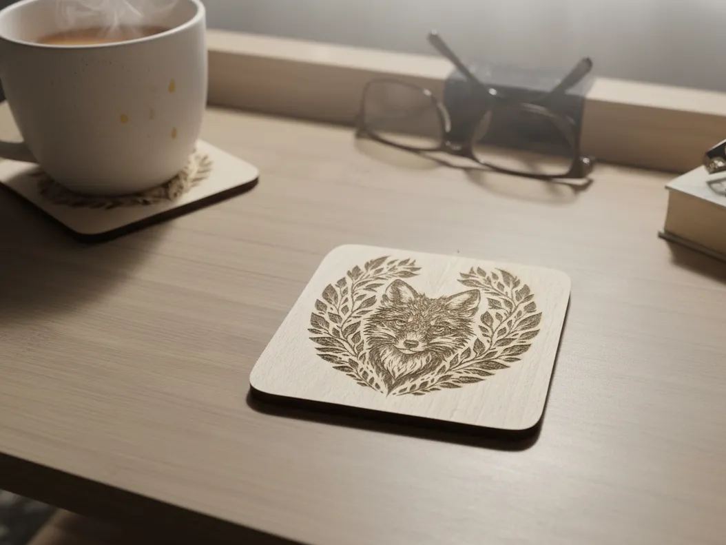 Laser Engraved Wooden Fox Design Coaster for Drinks | Free Files - Atomm